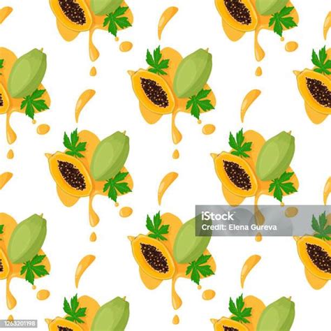씨앗 녹색 잎 육즙이 많은 배경이있는 밝은 열대 과일 파파야 신선한 여름 원활한 패턴 건강한 생활방식에 대한 스톡 벡터 아트 및