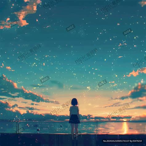 Ai创作图星空下的少女 看海的少女 星空女孩插画 星空下的少年 星空小女孩 仰望星空浪漫星空 二次元天空 星辰大海男孩背影 黄昏的少女背影 陪你看星星 陪你去看流星雨 和你一起看流星雨 蓝色