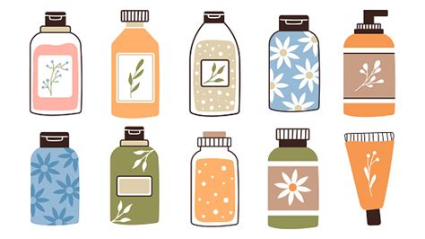 화장품 병 및 튜브 세트 얼굴 머리카락 및 바디 크림으로 피부 관리 용 항아리 엽서 배너 포장지 템플릿을 위한 트렌디한 스타일 벡터 그림입니다 0명에 대한 스톡 벡터 아트