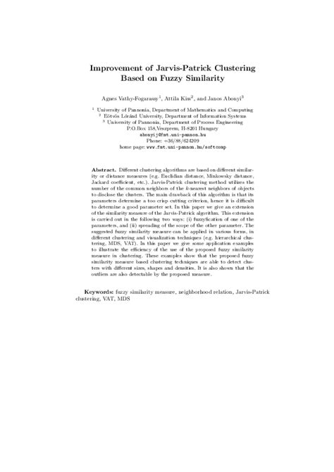 Pdf Improvement Of Jarvis Patrick Clustering Based On Fuzzy Similarity