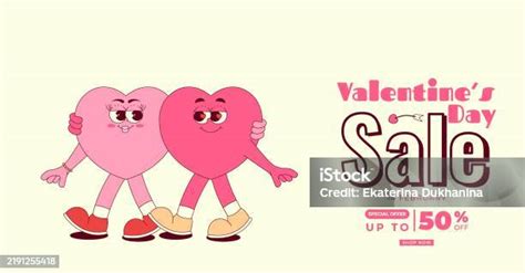 발렌타인 데이 세일 배너 와 귀여운 걷는 마음 캐릭터 와 복고풍 그루비 스타일 포스터 브로셔 배너 카드 특별 제공에 대한 수평 벡터 일러스트 레이 션 2월에 대한 스톡 벡터