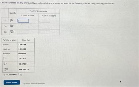 solved calculate the total binding energy in kj per mole