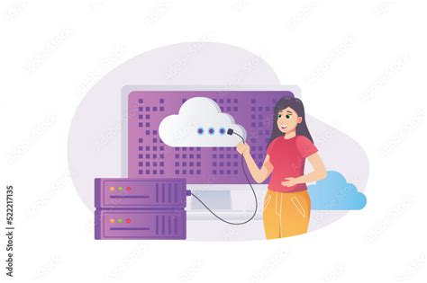 Cloud Computing Concept In Flat Style With People Scene Happy Woman Working With Cloud Service