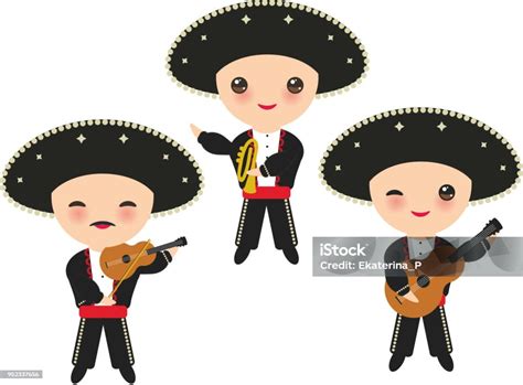 쿠바 국립 제복 및 모자 소년입니다 전통적인 쿠바에 만화 어린이 드레스 Mariachi 그룹 악기 기타 비올라 바이올린 트럼펫 흰색 배경에 고립 벡터 공휴일에 대한 스톡