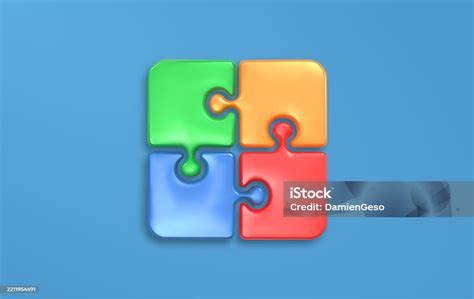 녹색 주황색 파란색 및 빨간색의 다채로운 3d 퍼즐 조각이 파란색 배경에 완전한 사각형을 형성합니다 팀워크 문제 해결 단결 및 협업을 상징하는 광택 있는 퍼즐 조각 3차원
