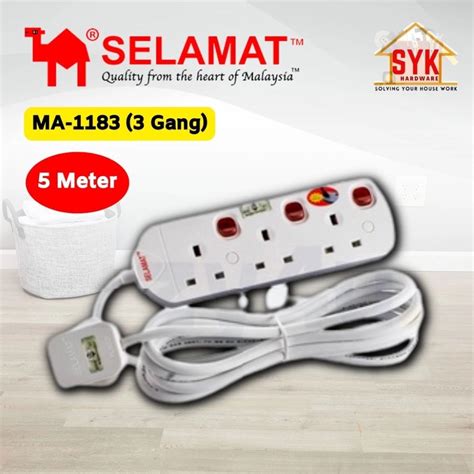 Syk Selamat Trailing Extension Socket Sirim Heavy Duty 2 3 4 5 Gang 5 Meter Extension Plug