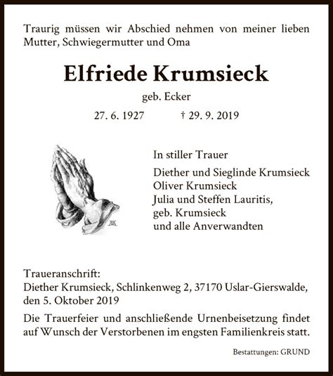 Traueranzeigen Von Elfriede Krumsieck Trauerhnade