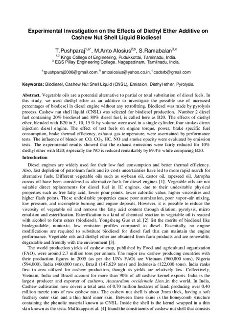 Pdf Experimental Investigation On The Effects Of Diethyl Ether Additive On Cashew Nut Shell