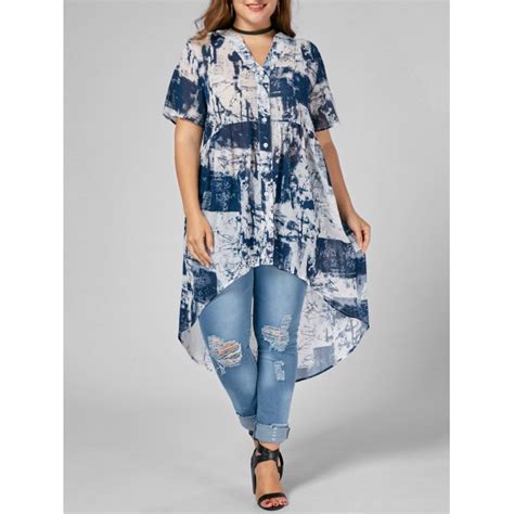 Printed High Low Chiffon Plus Size Top Blue Big And Sexy Sportswear
