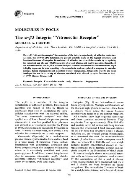 The Avp3 Integrin Vitronectin Receptor Molecules In Focus Pdf