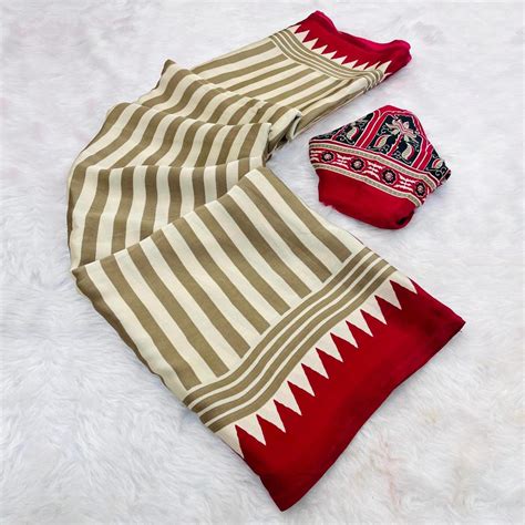 Timeless Chikoo And Red Crepe Silk Blend Saree Featuring Stylish Striped