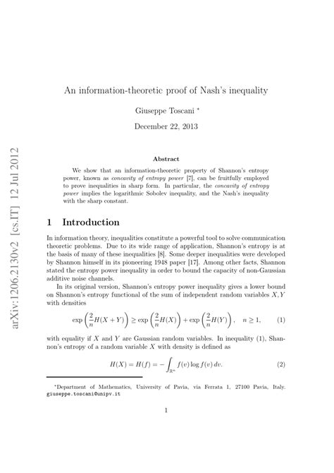 Pdf An Information Theoretic Proof Of Nashs Inequality