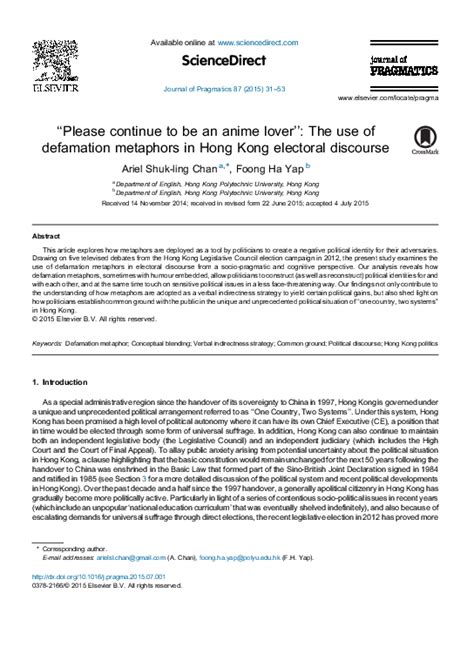 Pdf “please Continue To Be An Anime Lover” On The Use Of Defamation Metaphors In Hong Kong