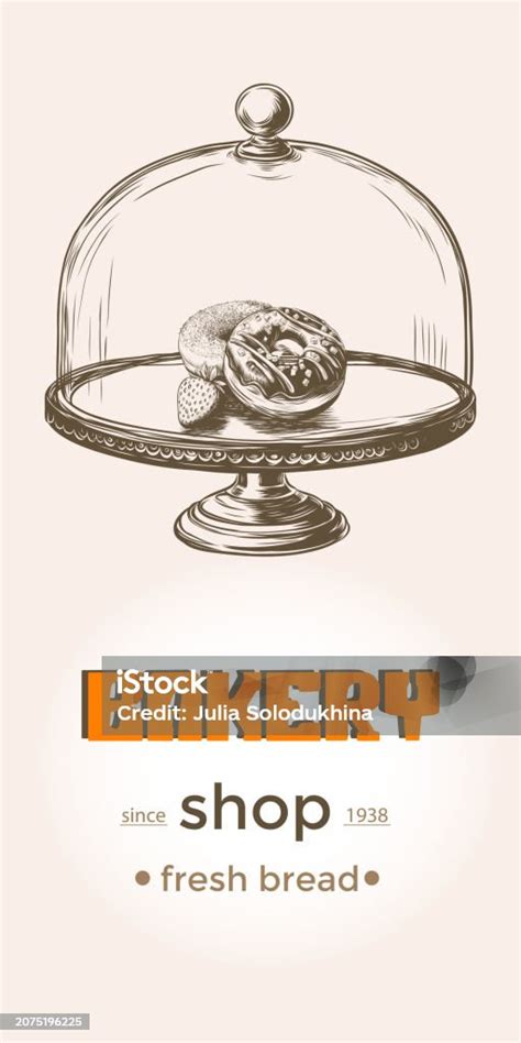 유리 뚜껑 아래에 스프링클이 있는 손으로 그린 도넛 빵집 과자 제과 메뉴를 위한 유약을 바른 도넛 과자의 조각 벡터 스케치 포스터 수직 배너 거품 내기에 대한 스톡 벡터