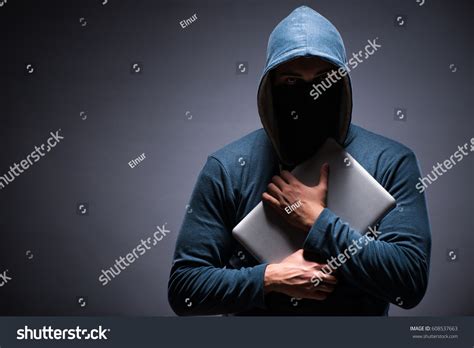 Hacker Wearing Hood Dark Room Stock Photo Shutterstock