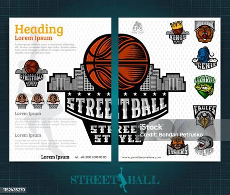 양면 농구 브로셔 또는 플라이어 챔피언십 팀 로고가 있는 스트리트 볼 템플릿 디자인 목 업 커버 벡터 스포츠 스타일 Playoffs에 대한 스톡 벡터 아트 및 기타 이미지