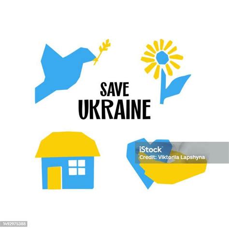 우크라이나 상징 삽화 양식화 된 집 평화의 새 해바라기 및 심장을 커팅 스타일 파란색과 노란색 색상으로 분리하십시오 0명에 대한 스톡 벡터 아트 및 기타 이미지 Istock