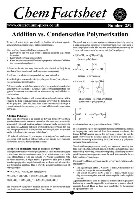 Addition Vs Condensation Polymerisation Curriculum Press