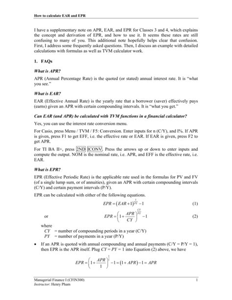 APR EAR EPR Calculation Guide Finance Formulas Examples
