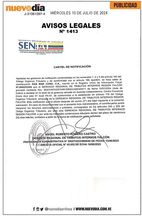 Cartel De Notificación Raq Mar Coro C A Nuevo Día