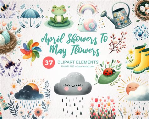 April Showers To May Flowers Watercolor Clipart 37 Png Big Bundle