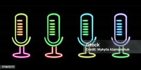 마이크 빛나는 바탕 화면 아이콘 네온 팟캐스트 스티커 네온 녹음 스튜디오 그림 빛나는 그림 네온 기하학적 그림 설정 1980