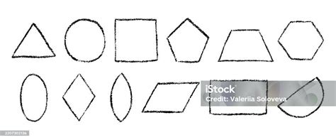 파스텔 아이는 크레용 브러시 질감을 가진 기하학적 모양입니다 검은 연필 손으로 그린 그림 원 삼각형 광장 사다리꼴 마름모 및 기타 흰색에 고립 된 개요 벡터 그림 0명에