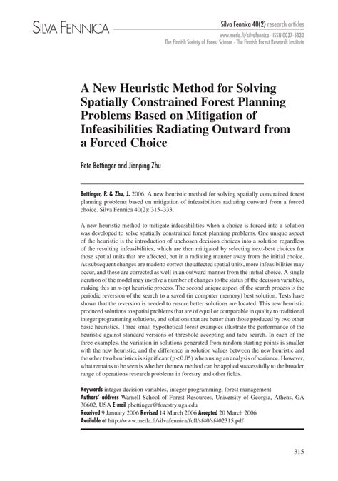 Pdf A New Heuristic Method For Solving Spatially Constrained Forest Planning Problems Based On