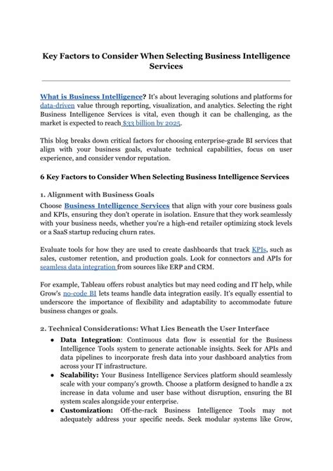 Ppt Key Factors To Consider When Selecting Business Intelligence