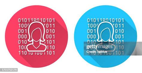 Female Face With Binary Code Round Icon With Long Shadow On Red Or Blue Background High Res