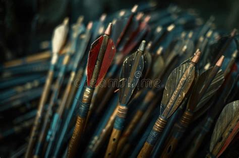 Closeup View Of Oldfashioned Wooden Archery Arrows With Various Feather Fletchings Stock Image