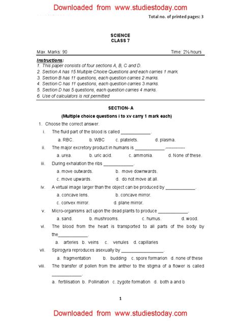 Cbse Class 7 Science Sample Paper Set 1 Pdf Flowers Water