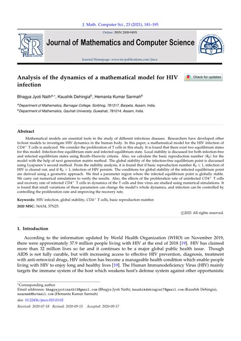 Pdf Analysis Of The Dynamics Of A Mathematical Model For Hiv Infection