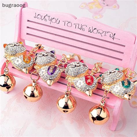 Bug พวงกุญแจคริสตัลน่ารักโลหะผสม Big Bell Rhinestone ญี่ปุ่น Lucky Cat พวงกุญแจรถ Raoog Shopee