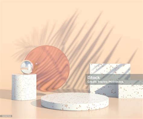 기하학적 형태의 최소한의 장면 그림자가있는 크림 배경의 연단 화장품 쇼케이스 숍프론트 디스플레이 케이스를 보여주는 장면 3d 0명에 대한 스톡 사진 및 기타 이미지 Istock