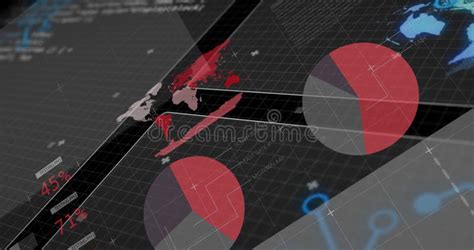 Animation Of Digital Dashboard With Red Pie Charts And Map On Screen Stock Footage Video Of