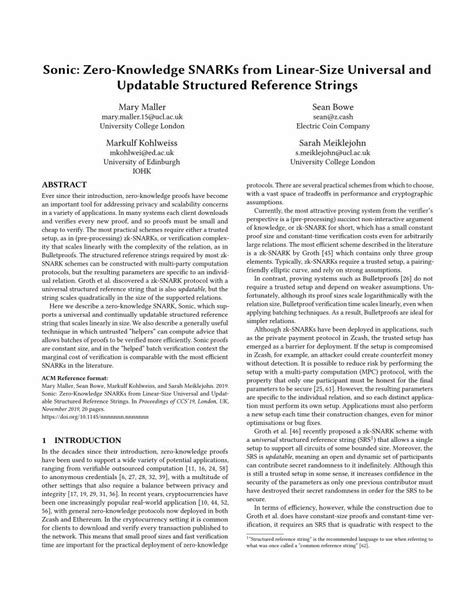 Pdf Sonic Zero Knowledge Snarks From Linear Size Universal