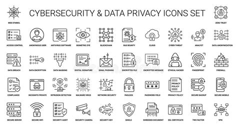 Cybersecurity Data Privacy Line Icons Encrypted Message Fingerprint