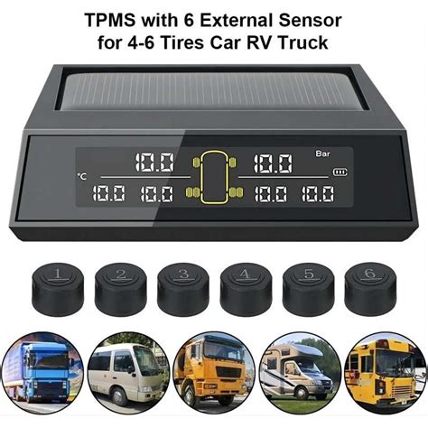 External Sensor Solar Power Tpms Lcd Color Screen Monitoring Tire Pressure For 6 Wheels Rv Cars