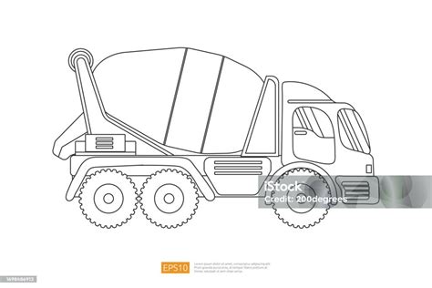 라인 콘크리트 트럭 차량 아이콘입니다 믹서 시멘트 트럭 측면도 평면 디자인 고립 된 중공업 장비 기계 시멘트를 붓는 건설 기계 어린이를 위한 색칠 공부 책 만화 0명에 대한