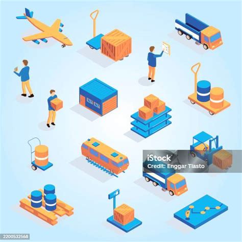 아이소 메트릭 물류 배달 아이콘의 집합과 사람들과 운송 차량 및 재고 소포 벡터 일러스트 레이 션의 이미지와 이미지 3차원 형태에 대한 스톡 벡터 아트 및 기타 이미지