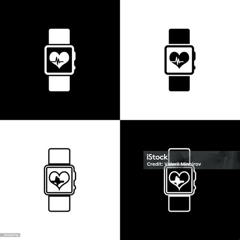 설정 스마트 시계 검은 색과 흰색 배경에 고립 된 심장 박동 속도 아이콘을 보여주는 피트 니스 응용 프로그램 개념입니다 선 개요 및 선형 아이콘입니다 벡터 일러스트 개념에