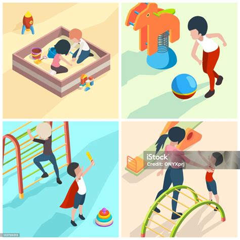 어린이 놀이터 보모 베이비 시터 성인 교사 에 유치원 재생 장난감 어린이 유치원 장비 용 게임 벡터 아이소메트릭 공 스포츠 장비에 대한 스톡 벡터 아트 및 기타 이미지