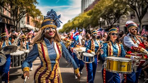 Premium Ai Image A Vibrant Parade Marching Through The Streets With Bands Floats And