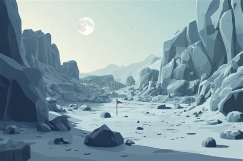 A 3d Cartoon Style Lunar Landscape With Gray Rocky Terrain Distant Craters And A Small Flag