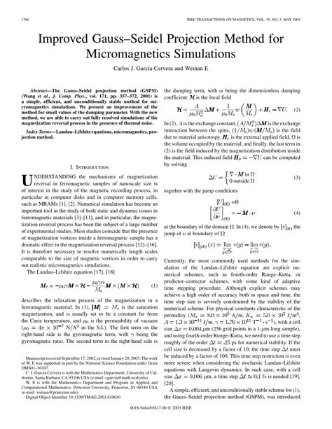 PDF Improved Gauss Seidel Projection Method For Micromagnetics Simulations