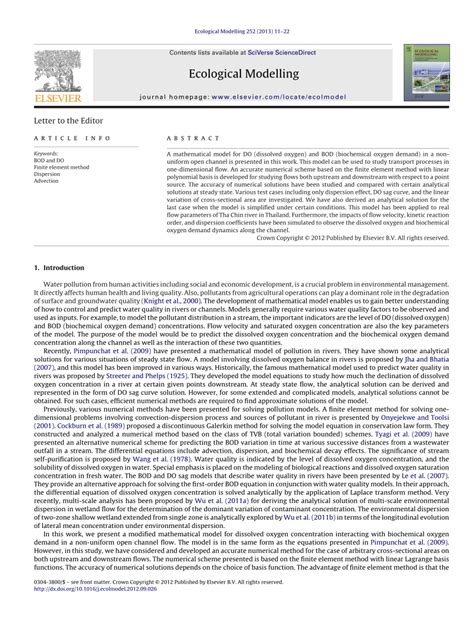 Pdf Analytical And Numerical Results Of Dissolved Oxygen And