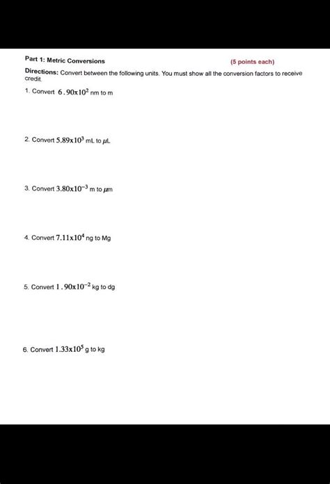 Solved Part 1 Metric Conversions 5 Points Each Chegg Com