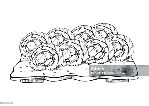 일본 음식 스시 롤 세트 세라믹 접시에 생선 알래스카 캘리포니아 무지개 연어 아보카도 참치 무 벡터 펜과 잉크로 그린 손 레스토랑 카페 메뉴 레시피 북을 위한 일러스트레이션