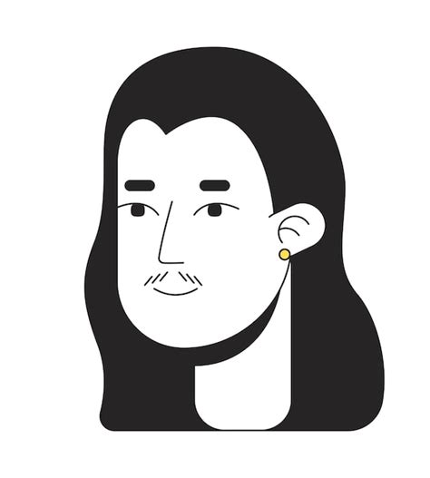 긴 머리카락을 가진 성인 일본인 검은색과 ⁇ 색 2d 라인 만화 캐릭터 머리 연필 ⁇ 수염 작은 귀걸이를 가진 아시아 남자